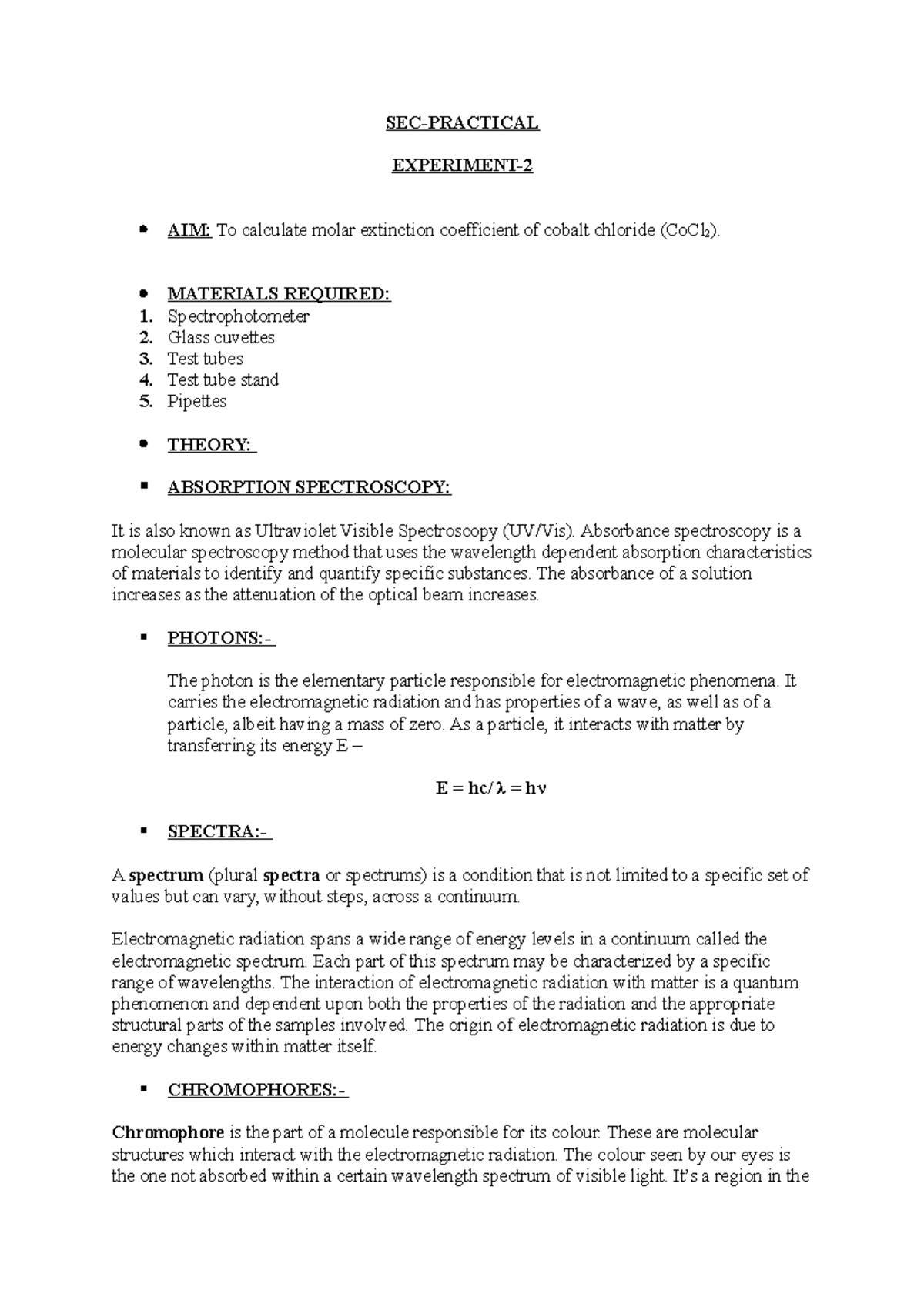 SEC- Practical 2- Molar Coeff. - SEC-PRACTICAL EXPERIMENT- AIM: To calculate molar extinction ...