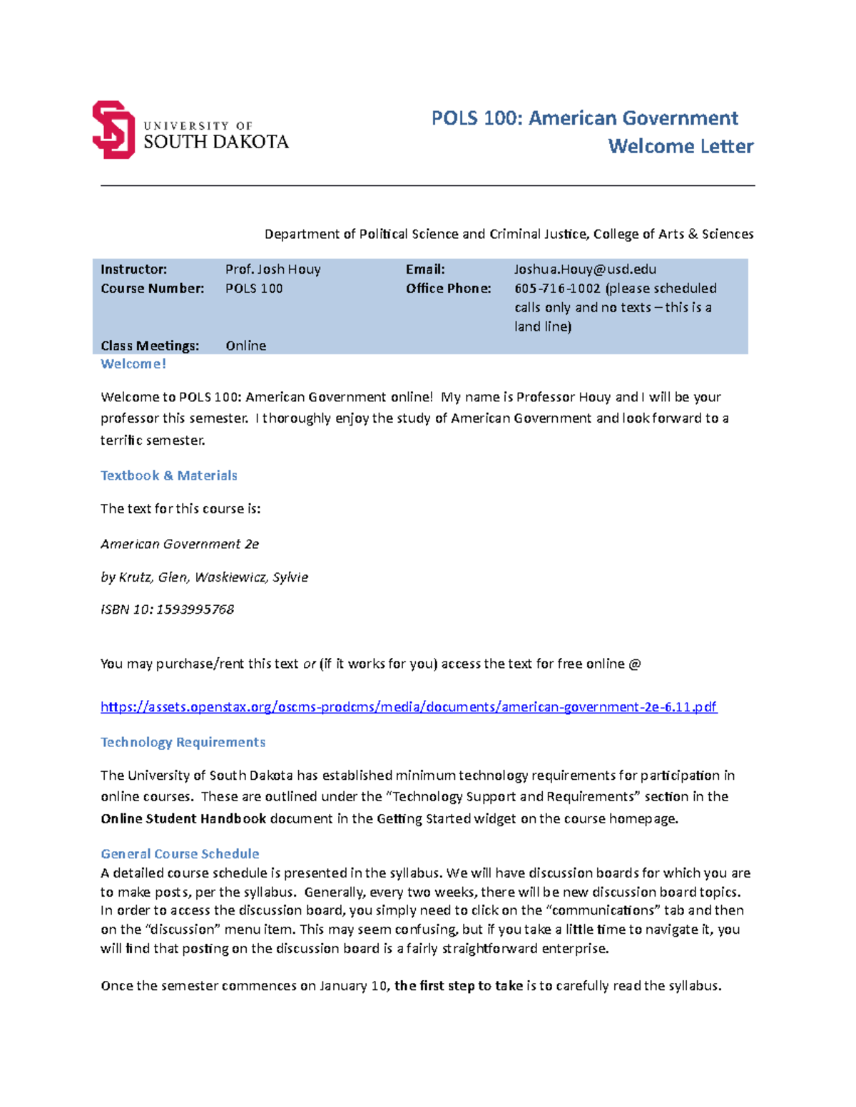 Welcome Letter POLS 100 2022 - POLS 100: American Government Welcome ...
