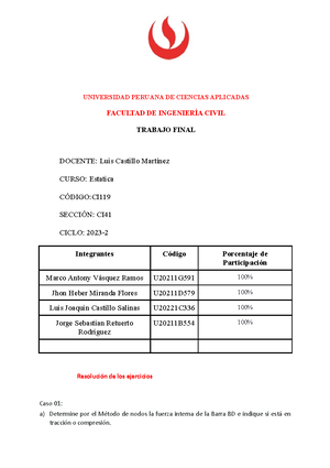 TA2 Estática - TA2 Estática - UNIVERSIDAD PERUANA DE CIENCIAS APLICADAS TA Curso: Estática ...