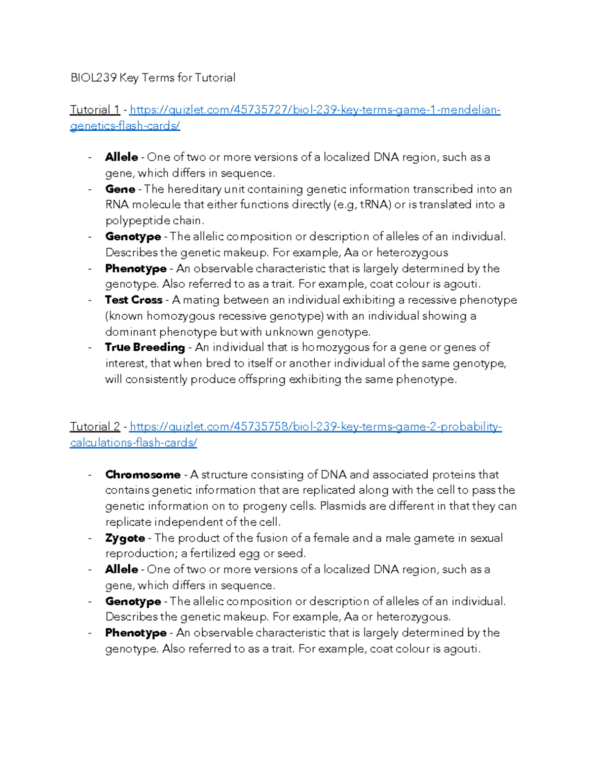 Key Terms for 239 Tutorial - BIOL239 Key Terms for Tutorial Tutorial 1 ...