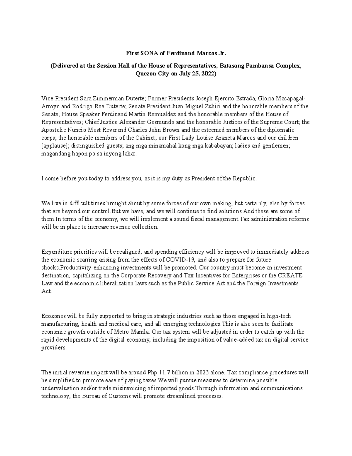 SONA BBM - assignment - First SONA of Ferdinand Marcos Jr. (Delivered ...