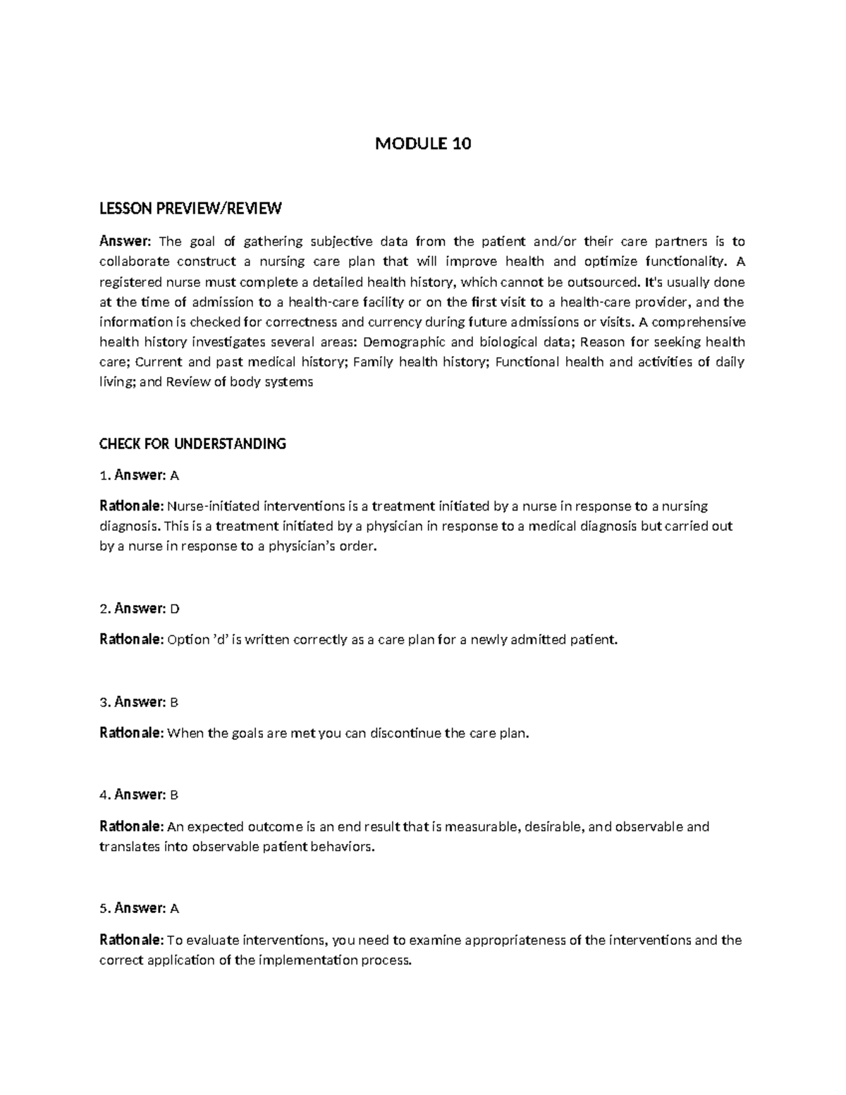 Module - 10 - NUR 091 - MODULE 10 LESSON PREVIEW/REVIEW Answer: The ...