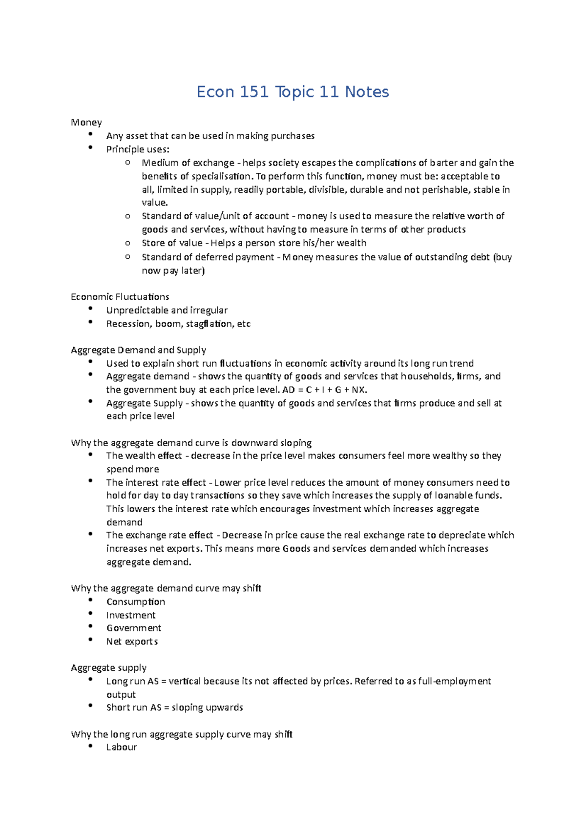 Econ 151 Topic 11 Notes - Econ 151 Topic 11 Notes Money Any asset that ...