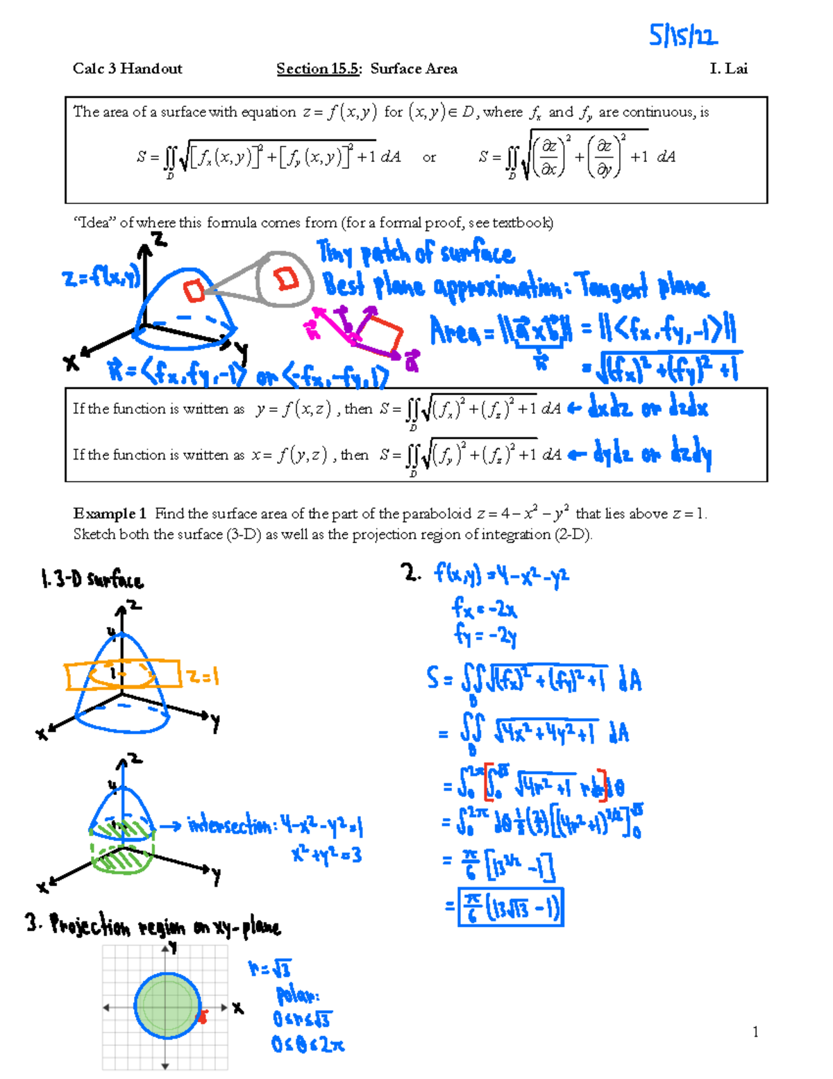 Surface Area Lesson 15 5 1 Calc 3 Handout Section 15 Surface Area I Lai The Area Of A
