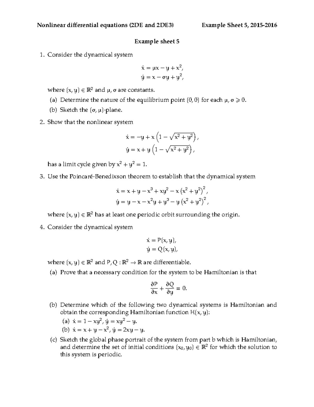 Example Sheet 05a - Nonlinear differential equations (2DE and 2DE3 ...