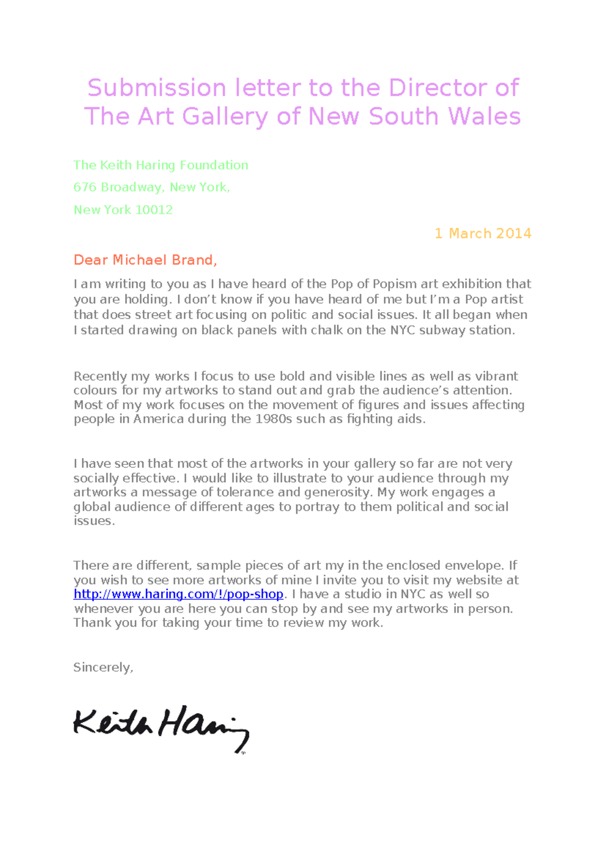 Keith Haring Submission Letter Art - Submission letter to the Director ...