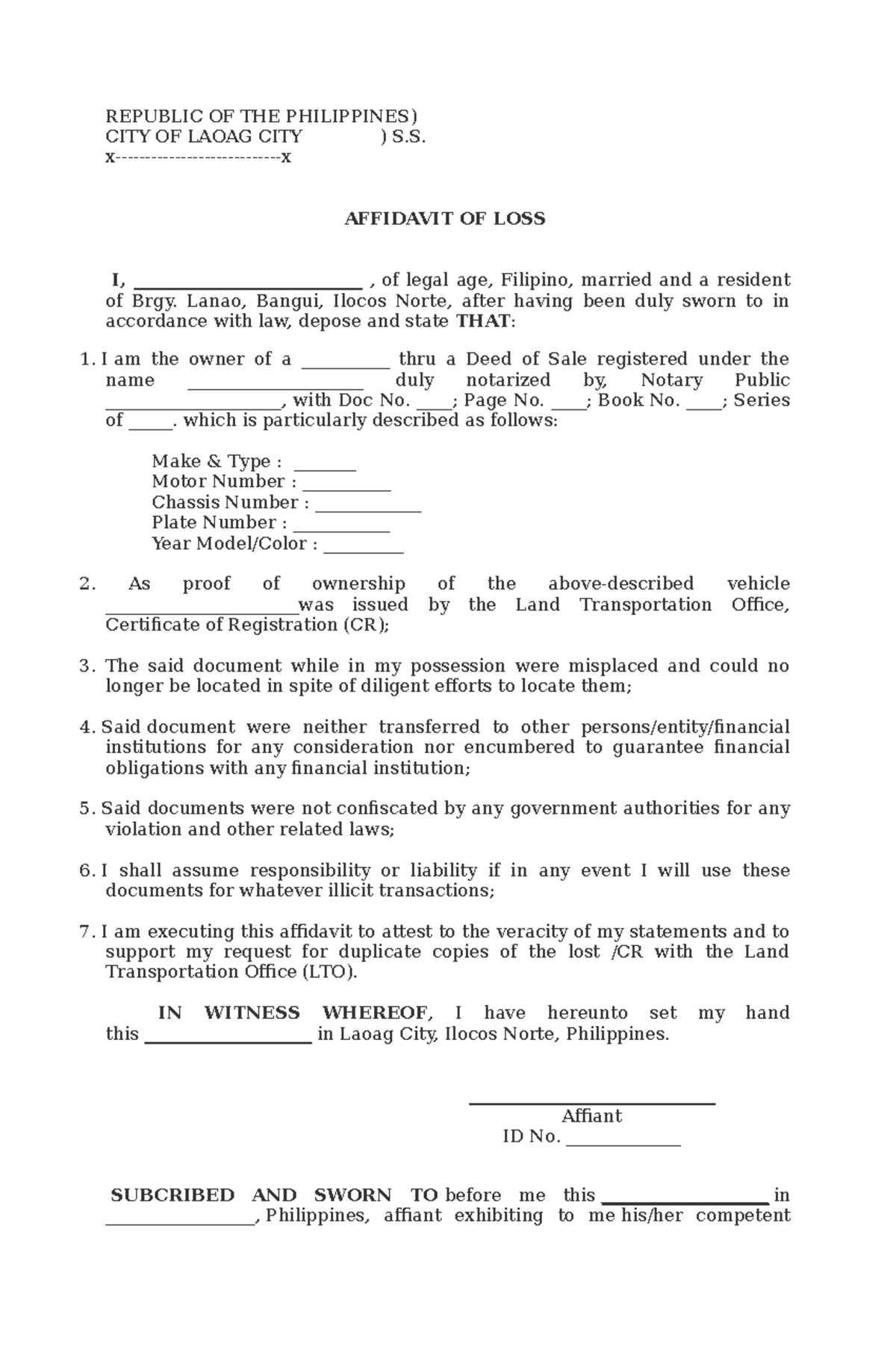 Affidavit of Loss CR - REPUBLIC OF THE PHILIPPINES) CITY OF LAOAG CITY ...