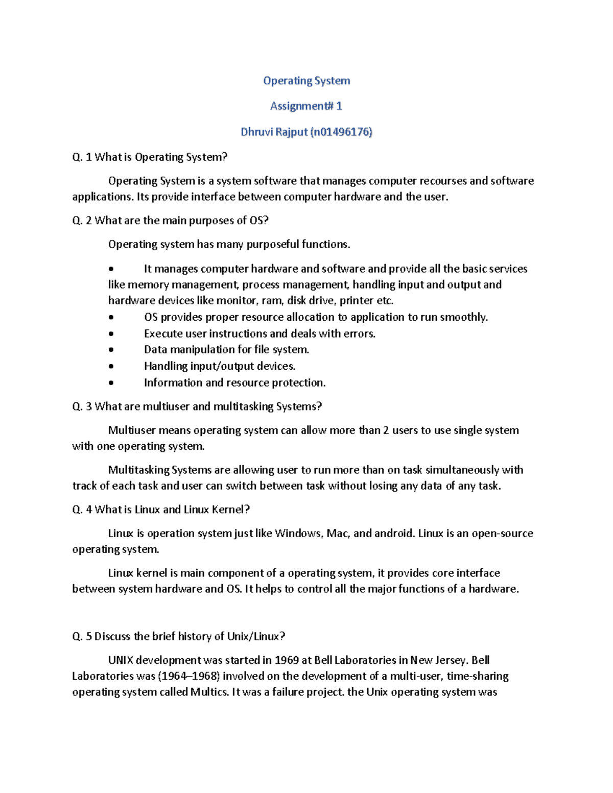 Operating System Assignment 1 - Operating System Assignment# 1 Dhruvi ...