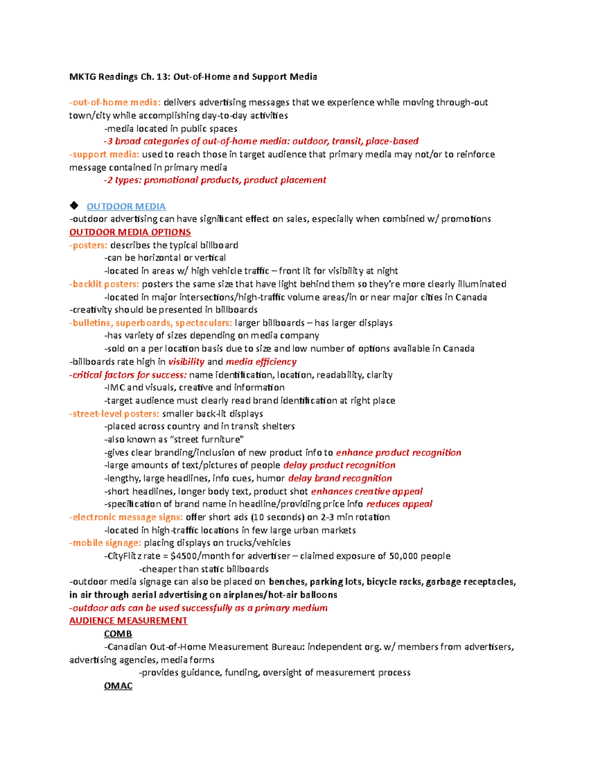 MKTG 2202 Readings Ch. 13 - MKTG Readings Ch. 13: and Support Media ...