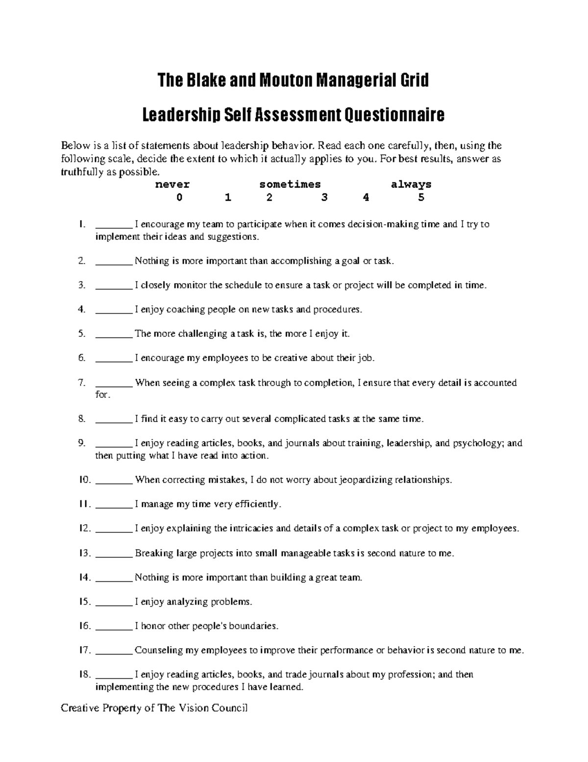 Leadership Matrix Self Assessment Questionnaire - The Blake and Mouton ...