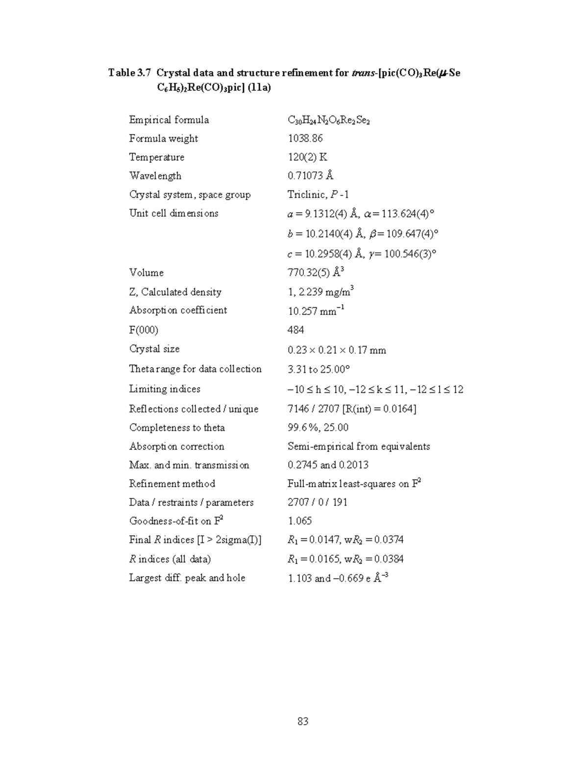 Supramolekulare Chemie-17 - Table 3 Crystal data and structure refinement for trans-[pic(CO) 3 ...