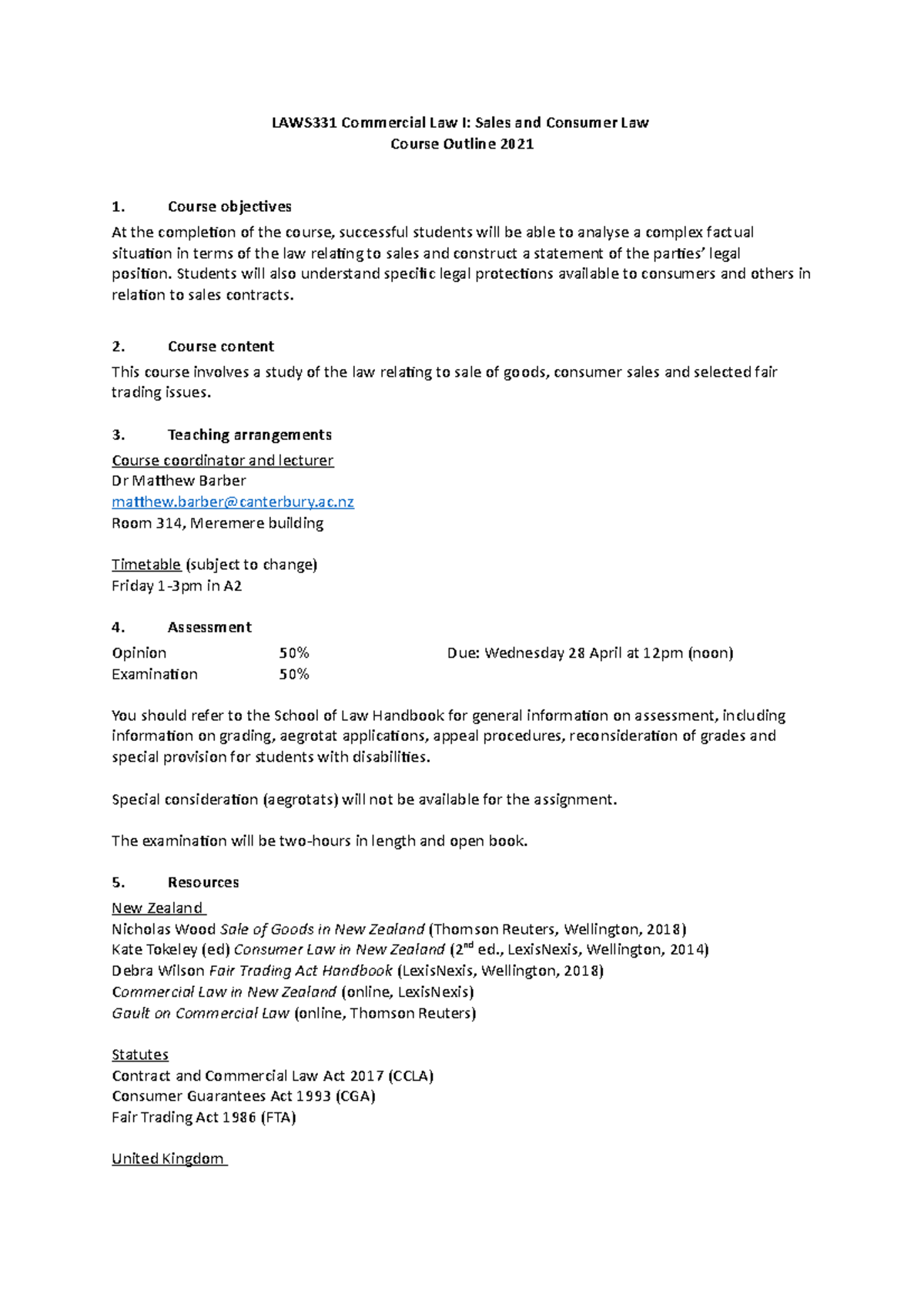 LAWS331 Course outline 2021 - LAWS331 Commercial Law I: Sales and ...