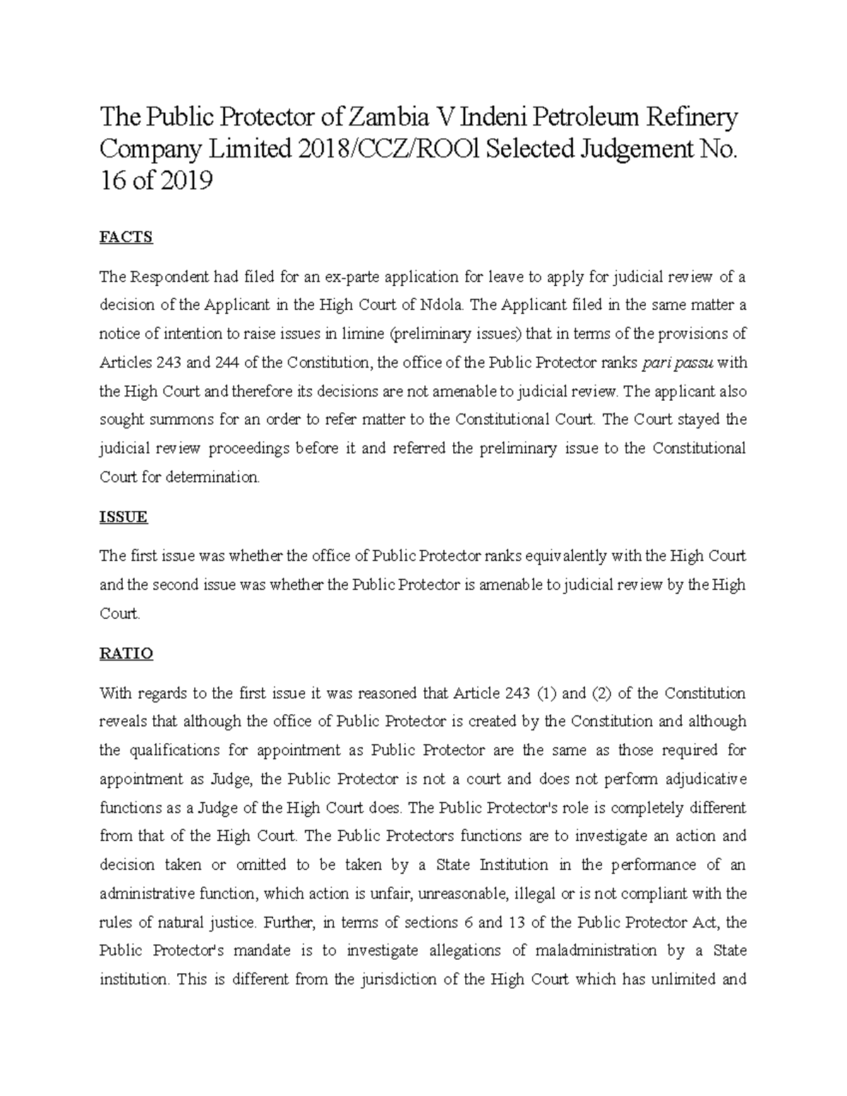 The Public Protector of Zambia V Indeni Petroleum Refinery Company ...