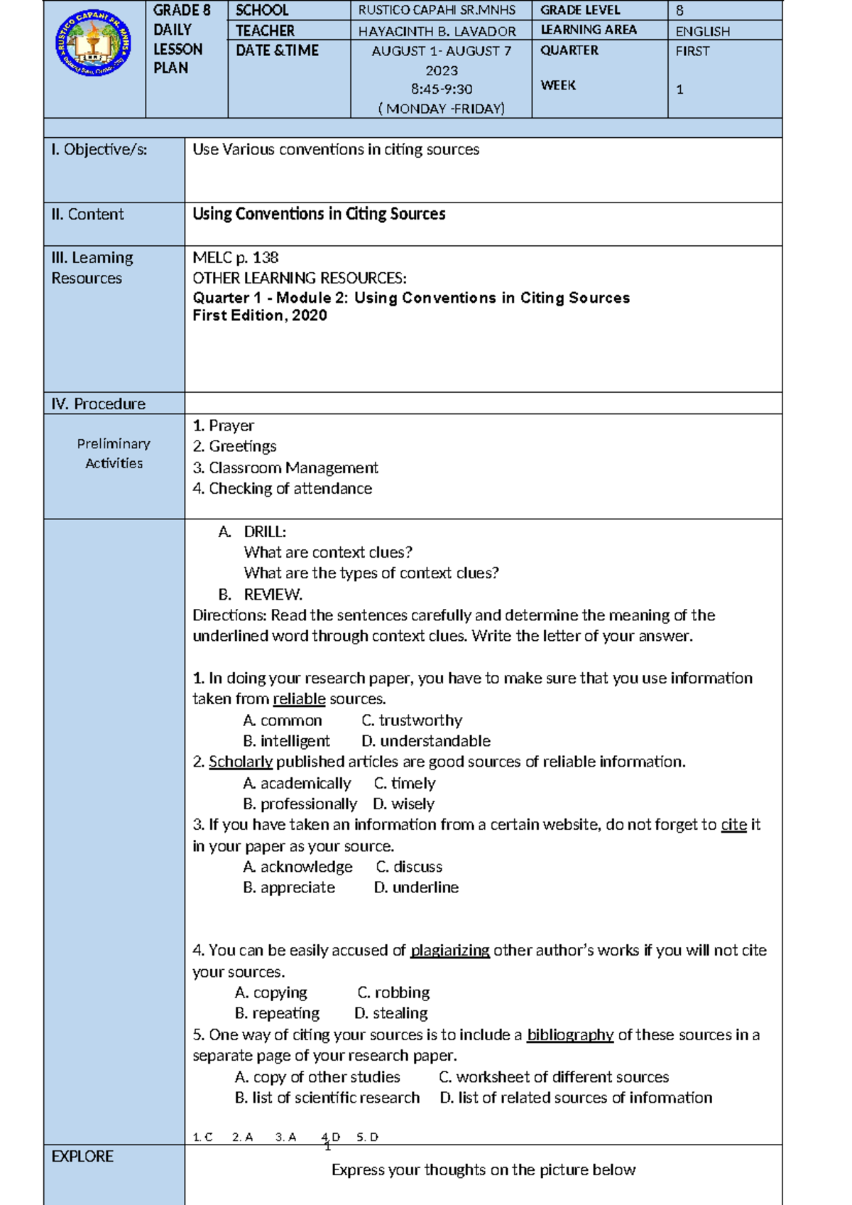 E8 Quarter 1 Lesson 2 - Adjectives - 1 GRADE 8 DAILY LESSON PLAN SCHOOL ...