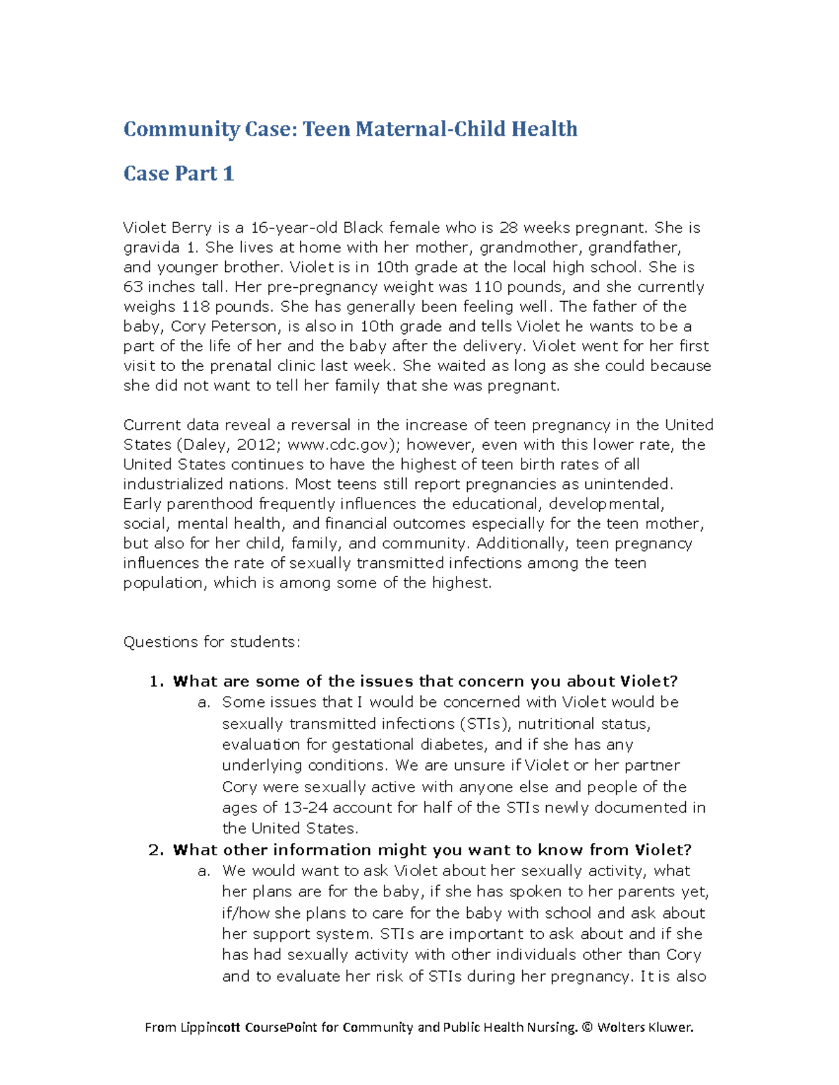 Community Teen MCH Case - Community Case: Teen Maternal-Child Health ...