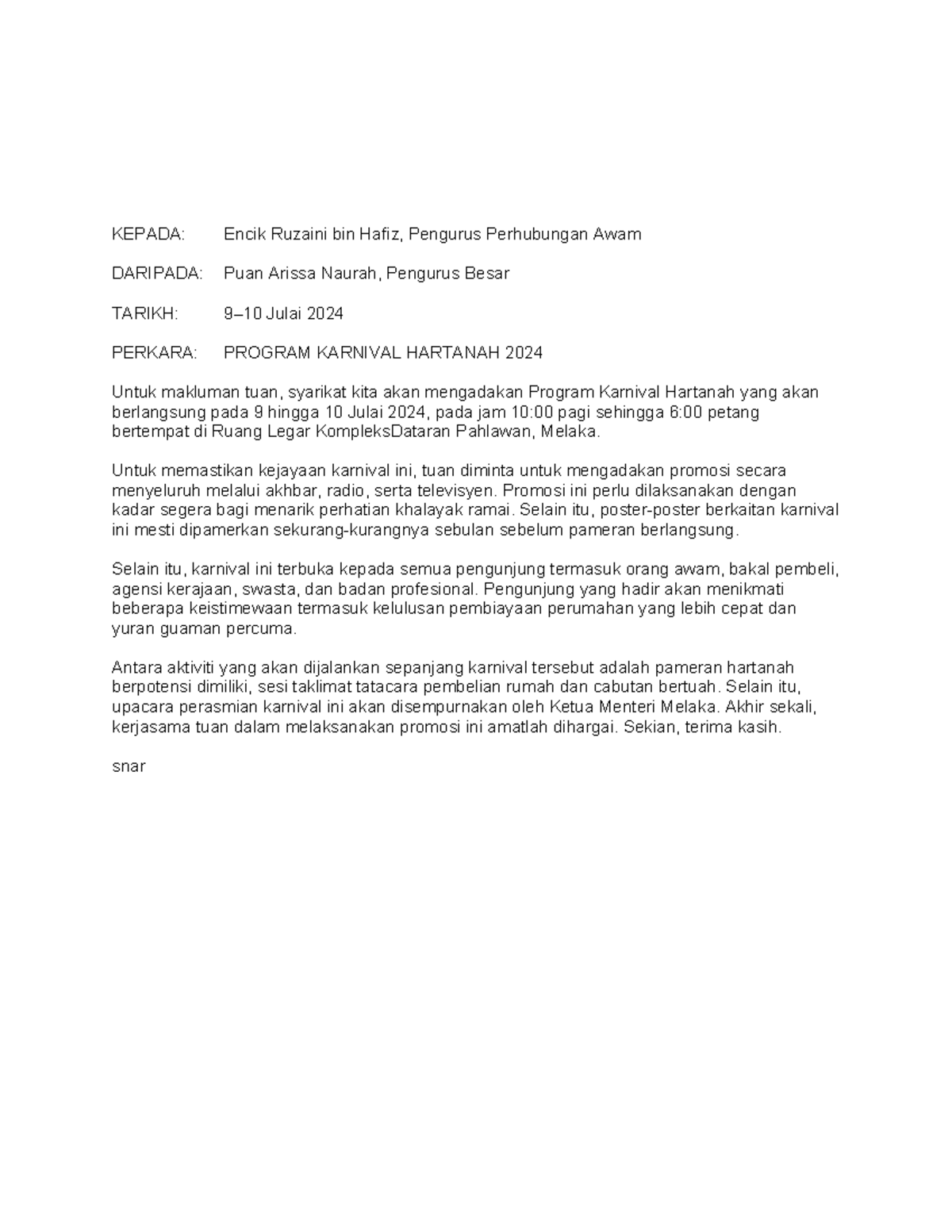 MEMO 1 - executive note taking memo tutorial - KEPADA: Encik Ruzaini bin Hafiz, Pengurus ...