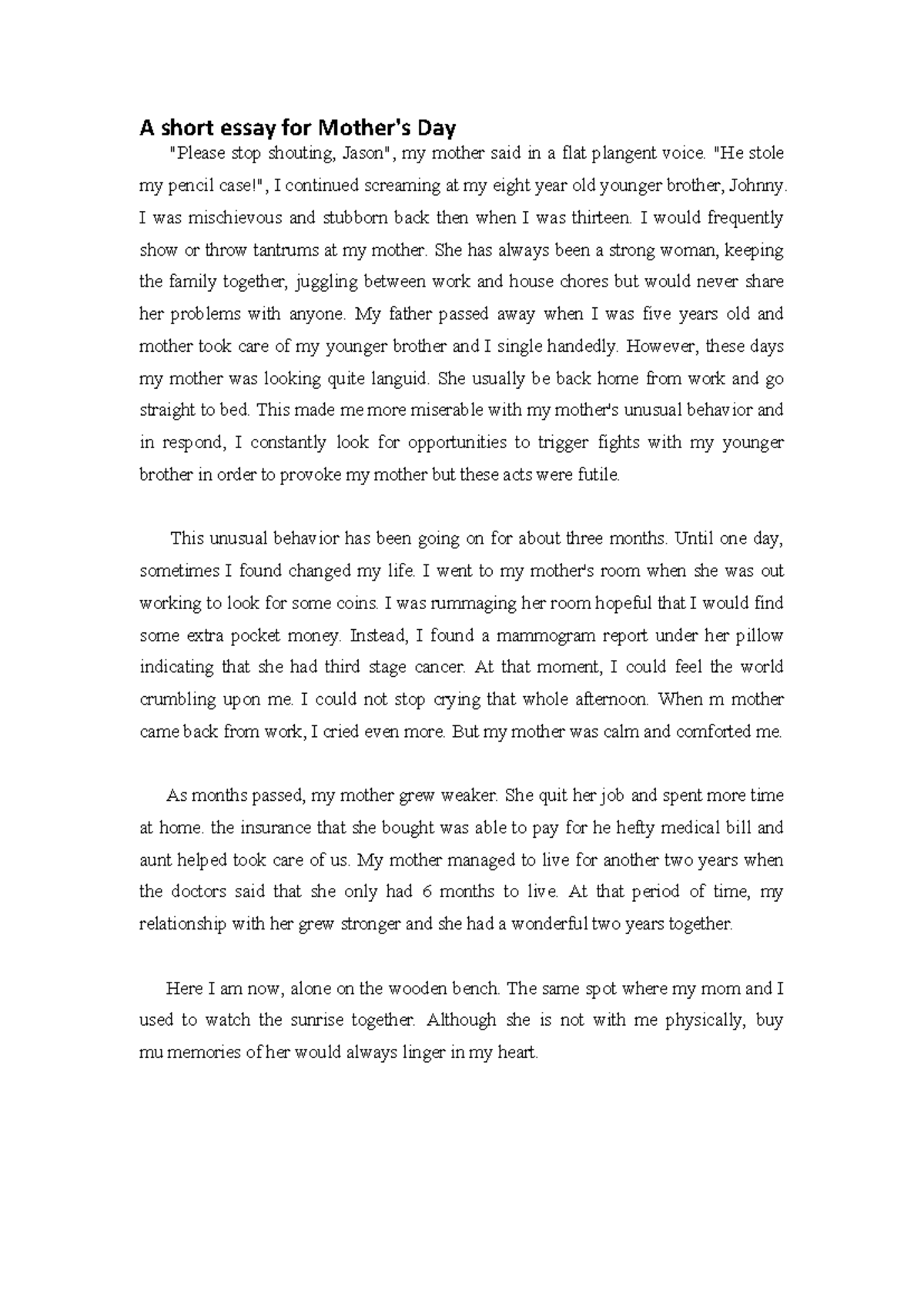 Assay Mother's Day - A short essay for Mother's Day "Please stop ...