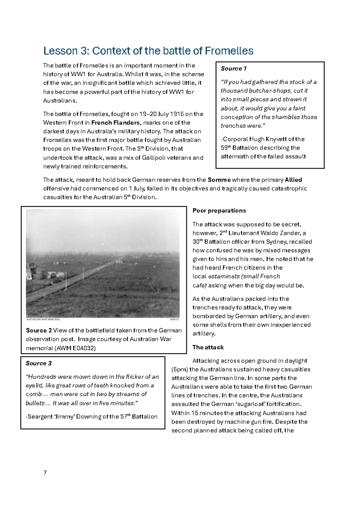 Context of Fromelles Sites and Sources - 7 Lesson 3 : Context of the ...