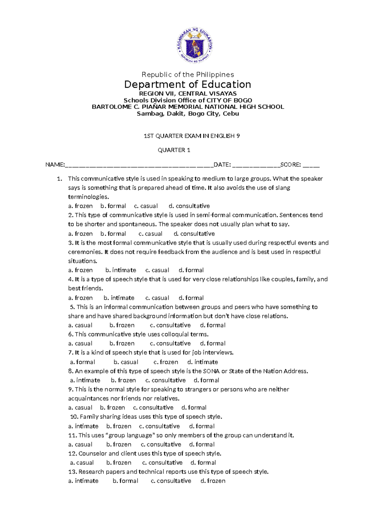 1ST Quarter EXAM English 9 - Republic of the Philippines Department of ...