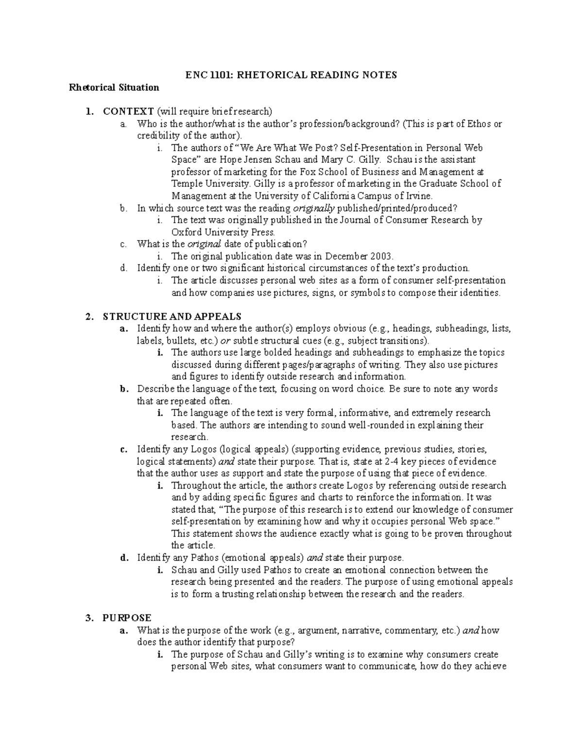 Schau and Gilly RRNs Sp 2017 - ENC 1101: RHETORICAL READING NOTES ...