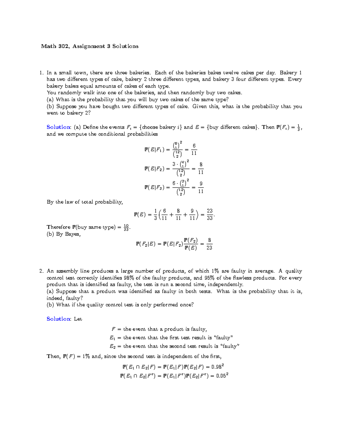HW3 Winter 1 2023 Solution - Math 302, Assignment 3 Solutions In a small town, there are three ...