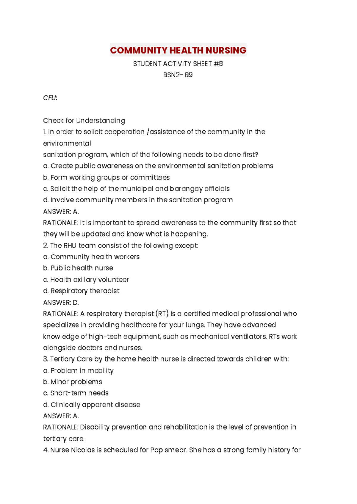 CHN SAS 8 - qqwe - COMMUNITY HEALTH NURSING STUDENT ACTIVITY SHEET BSN2 ...