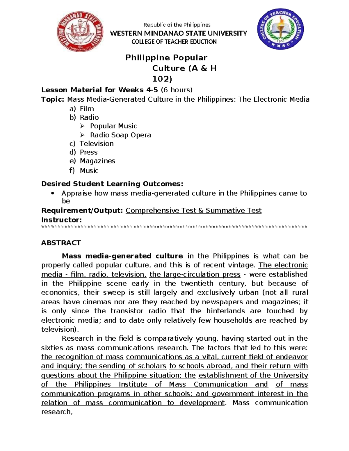 Week-4-5 - Philippine Popular Culture - WESTERN MINDANAO STATE ...