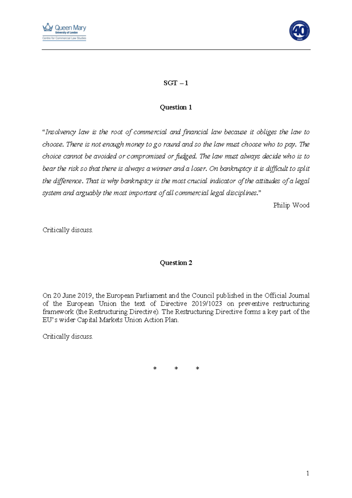 SGT - 01 - Tutorial questions for in sem preparation - 1 SGT – 1 Question 1 “Insolvency law is ...