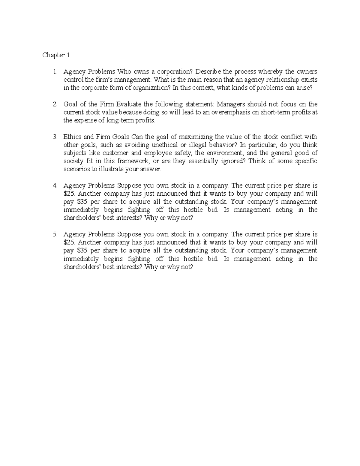 1 - Chap 01 - Introduction - Chapter 1 Agency Problems Who owns a ...