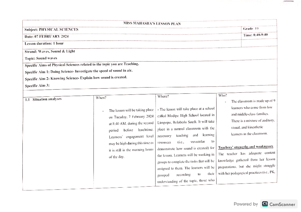 Lesson plan 2 - Sound waves Physical sciences lesoon plan - PHYS10A1 ...
