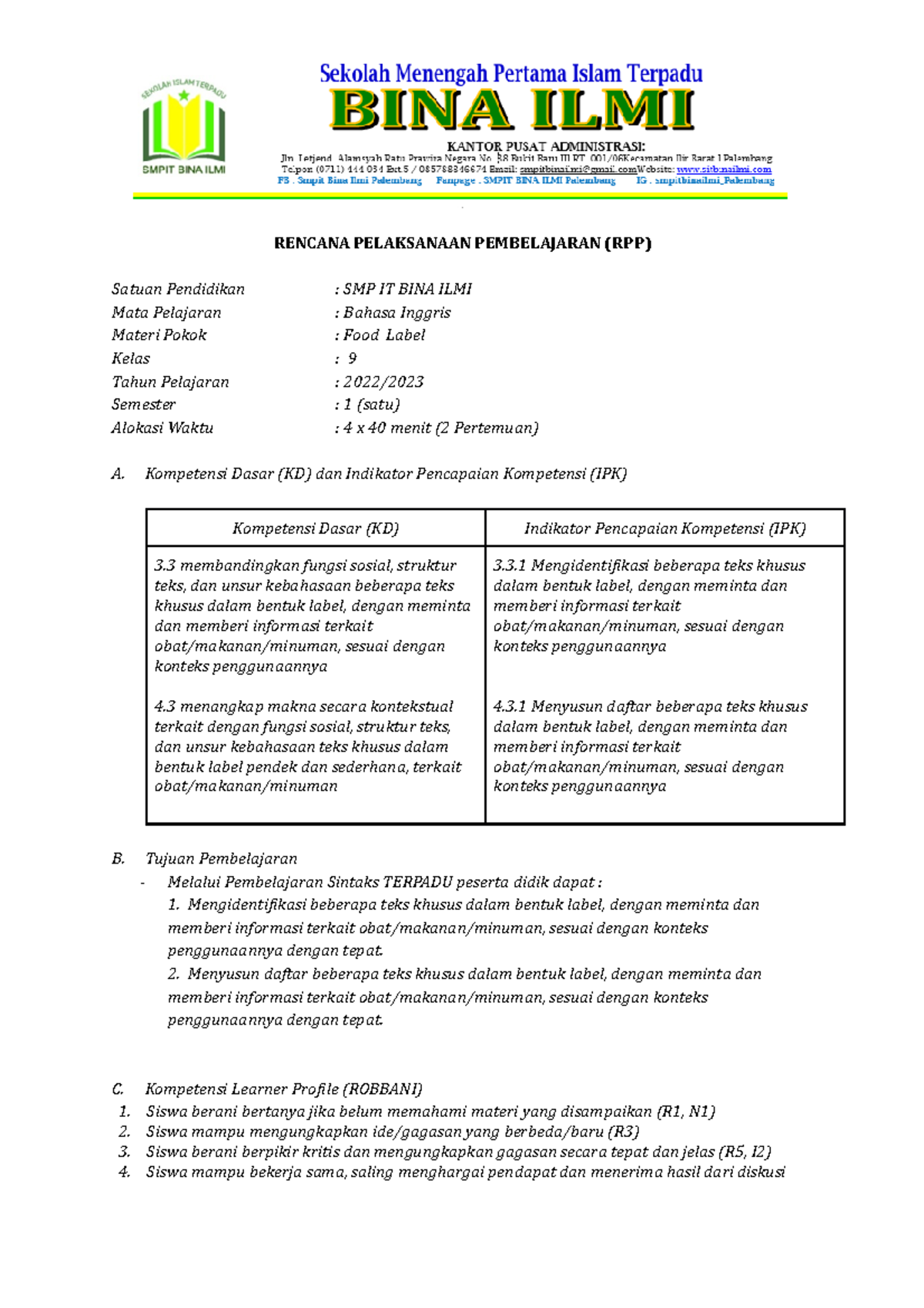 (5) 3.3 F00D Label - Lesson Plan - RENCANA PELAKSANAAN PEMBELAJARAN ...