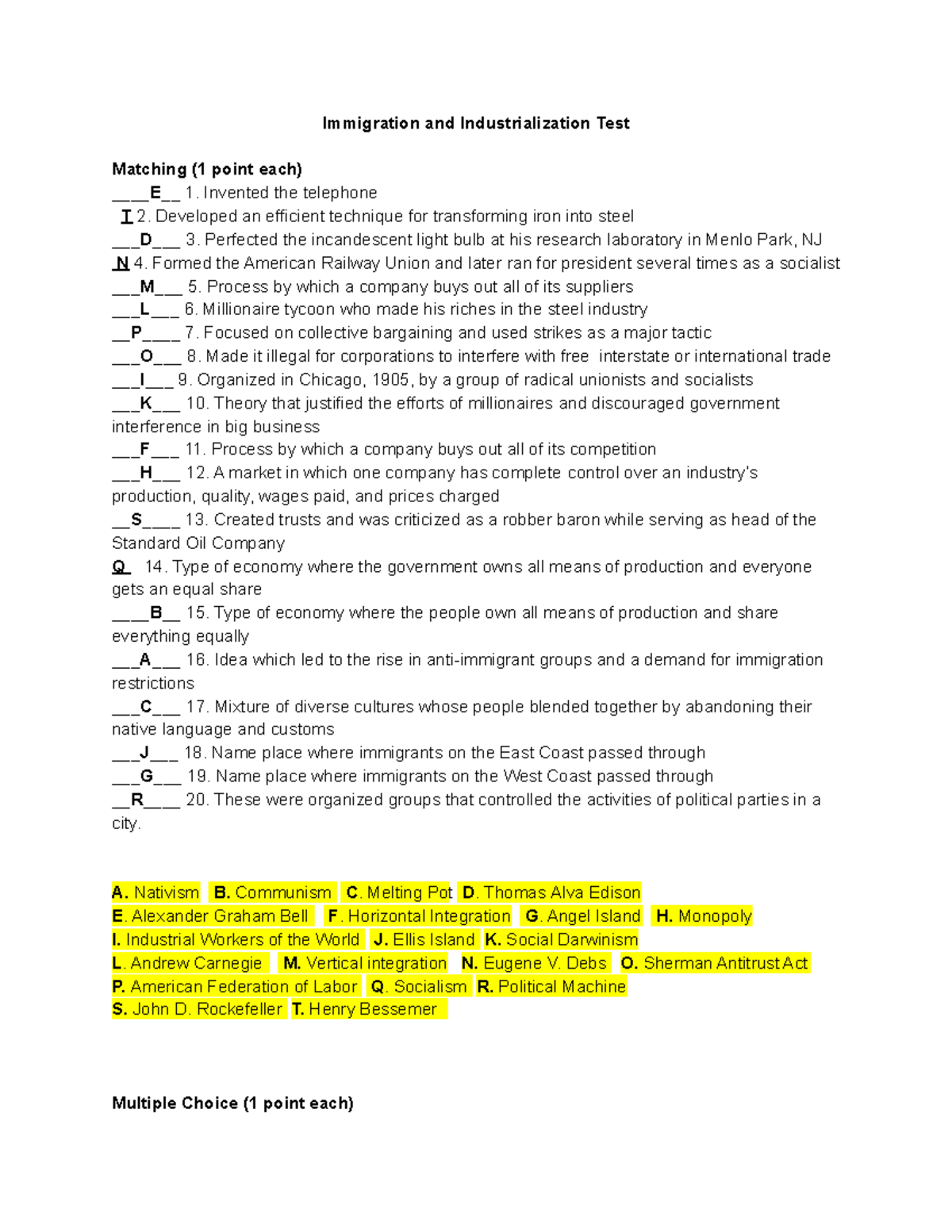 Copy of Emma Diaz - Immigration and Industrialization Test Online ...