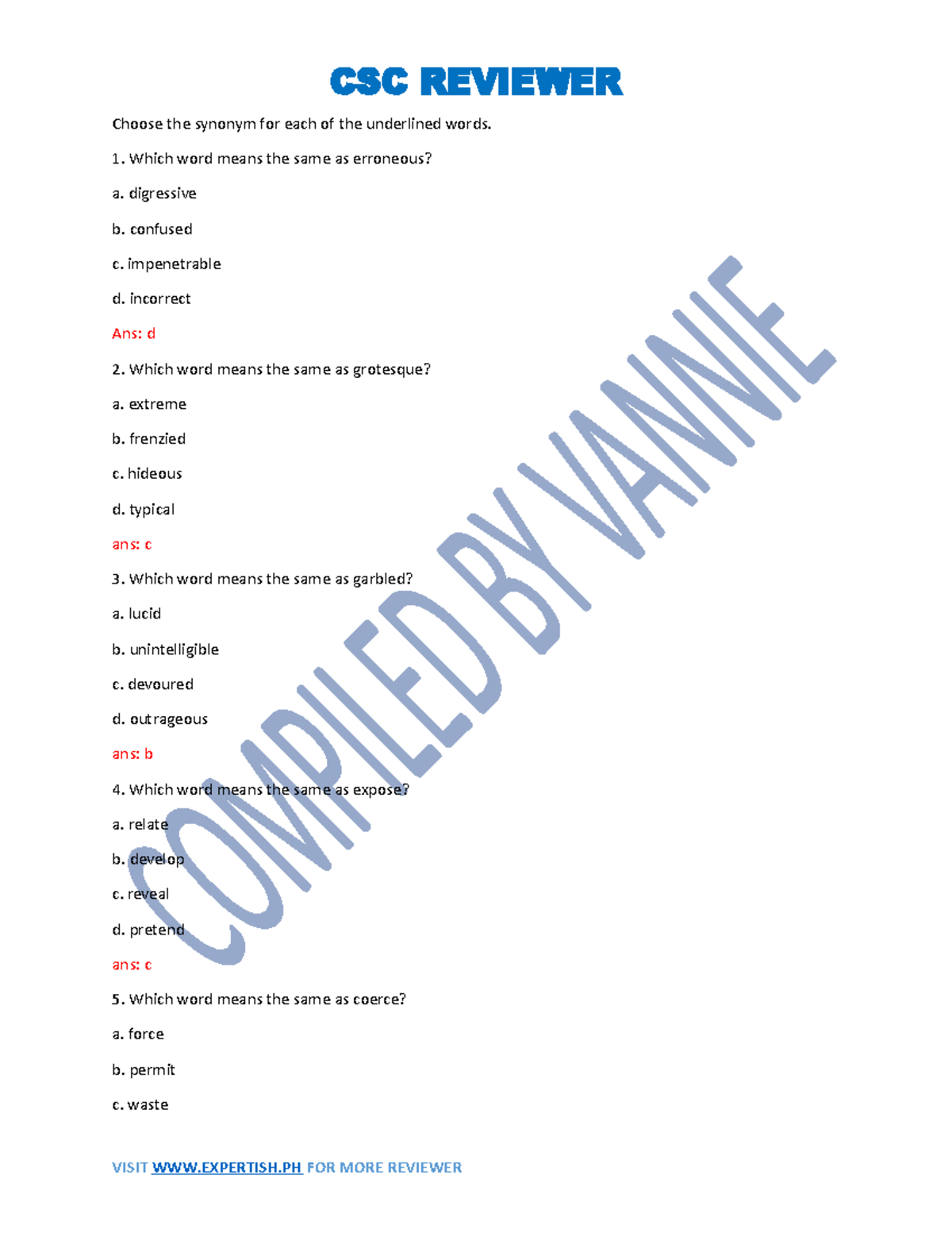 CSE-Reviewer - Reviewer - Choose the synonym for each of the underlined ...