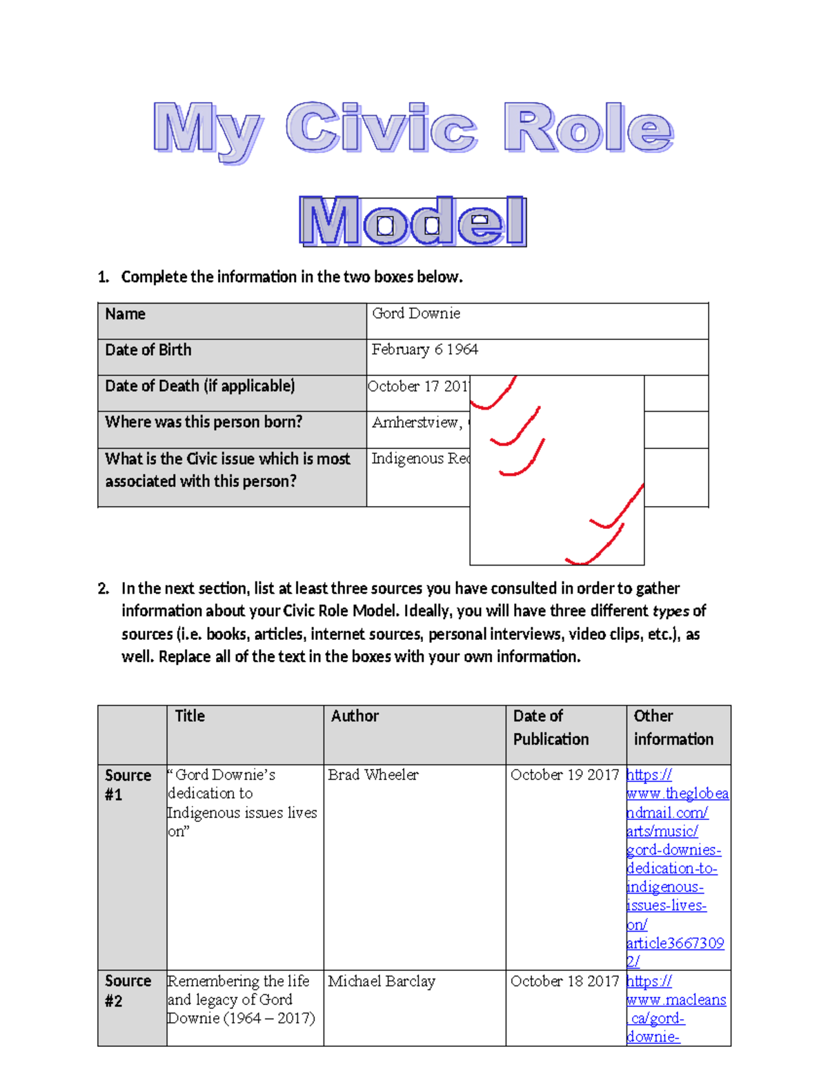 Part 1-Civic Role Model - Complete the information in the two boxes ...