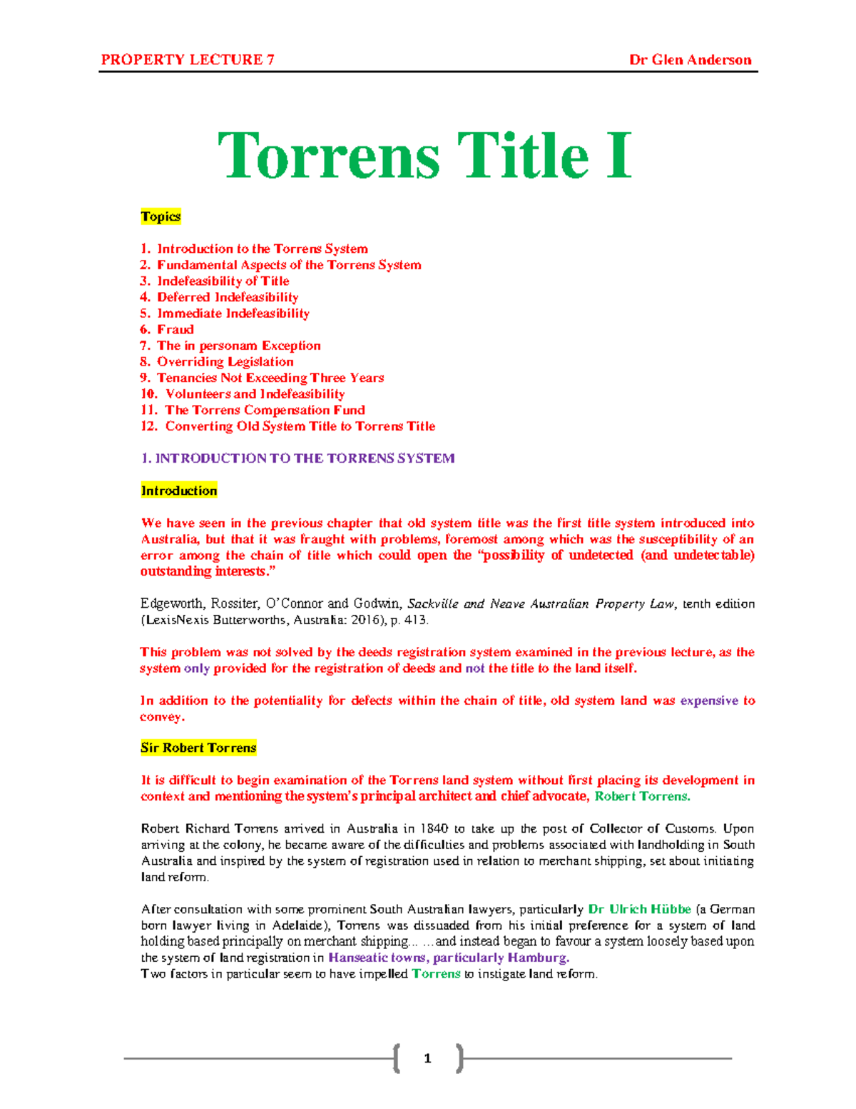 Week 7 - Lecture notes 7 - Torrens Title I Topics Introduction to the ...