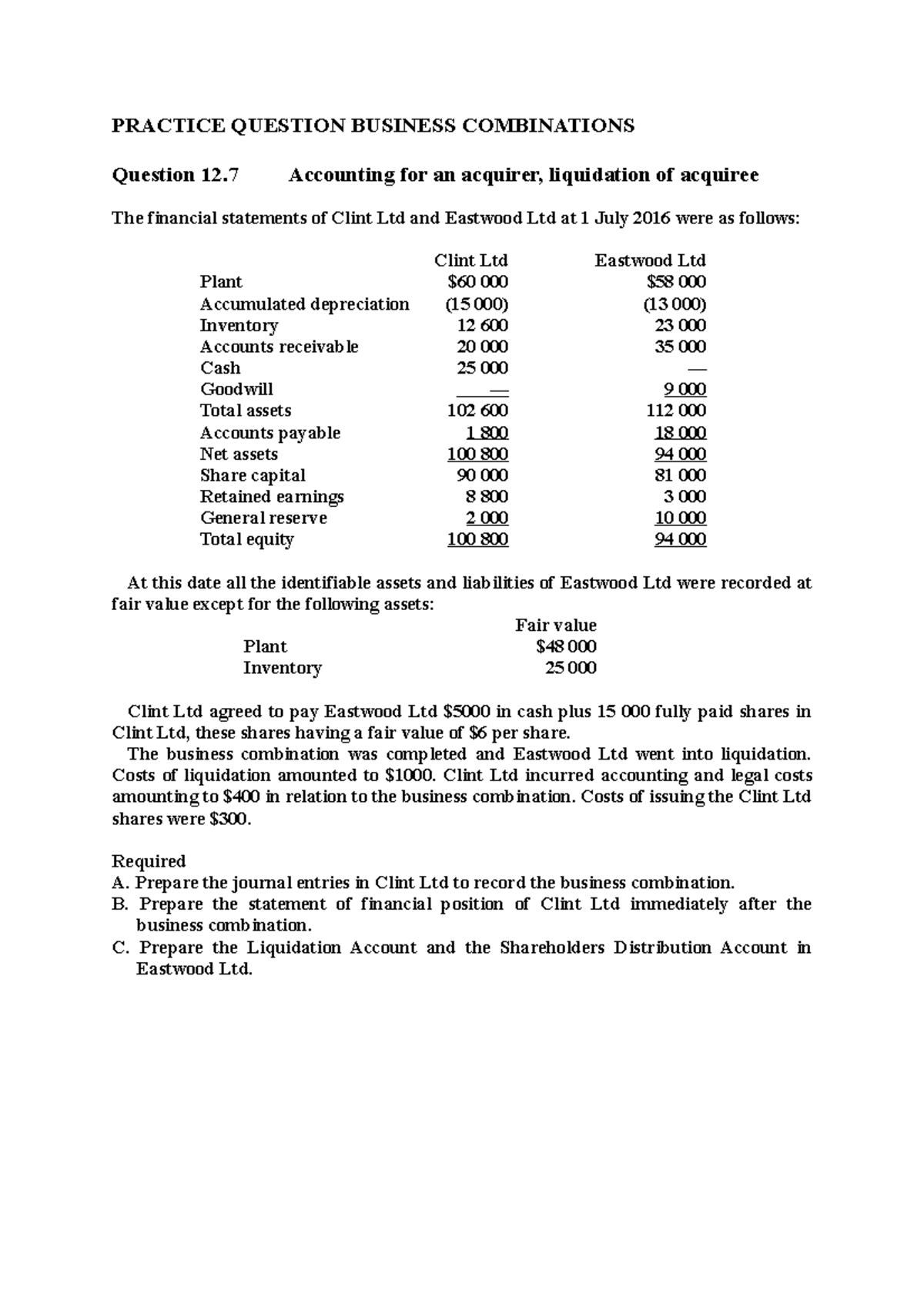 Practice WEEK 5 Business Combinations - PRACTICE QUESTION BUSINESS ...