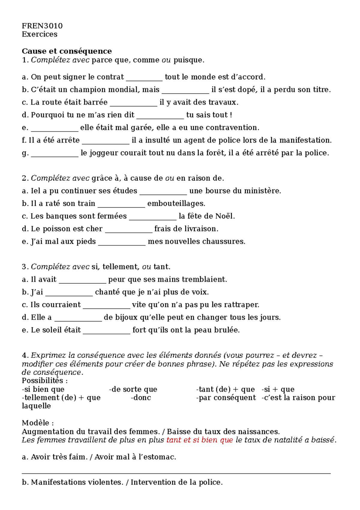 Exercices Cause et conséquence - FREN Exercices Cause et conséquence ...