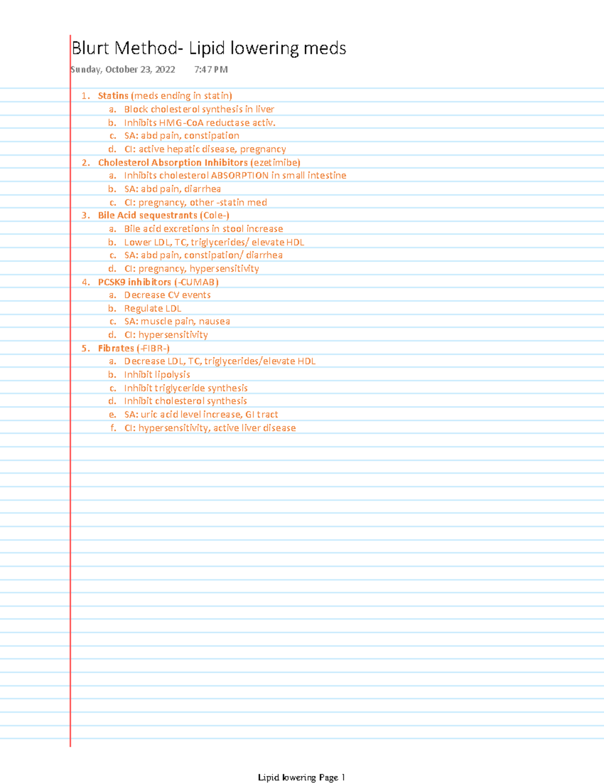 Blurt Method- Lipid lowering meds - Statins (meds ending in statin) a ...