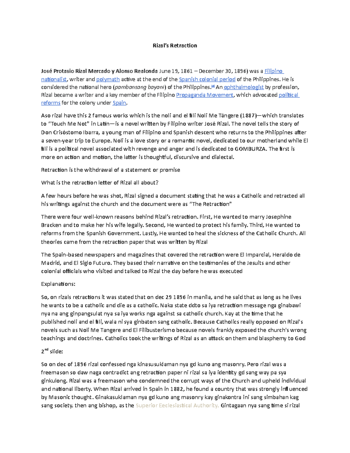 Rizal's Retraction letter - Rizal’s Retraction José Protasio Rizal ...