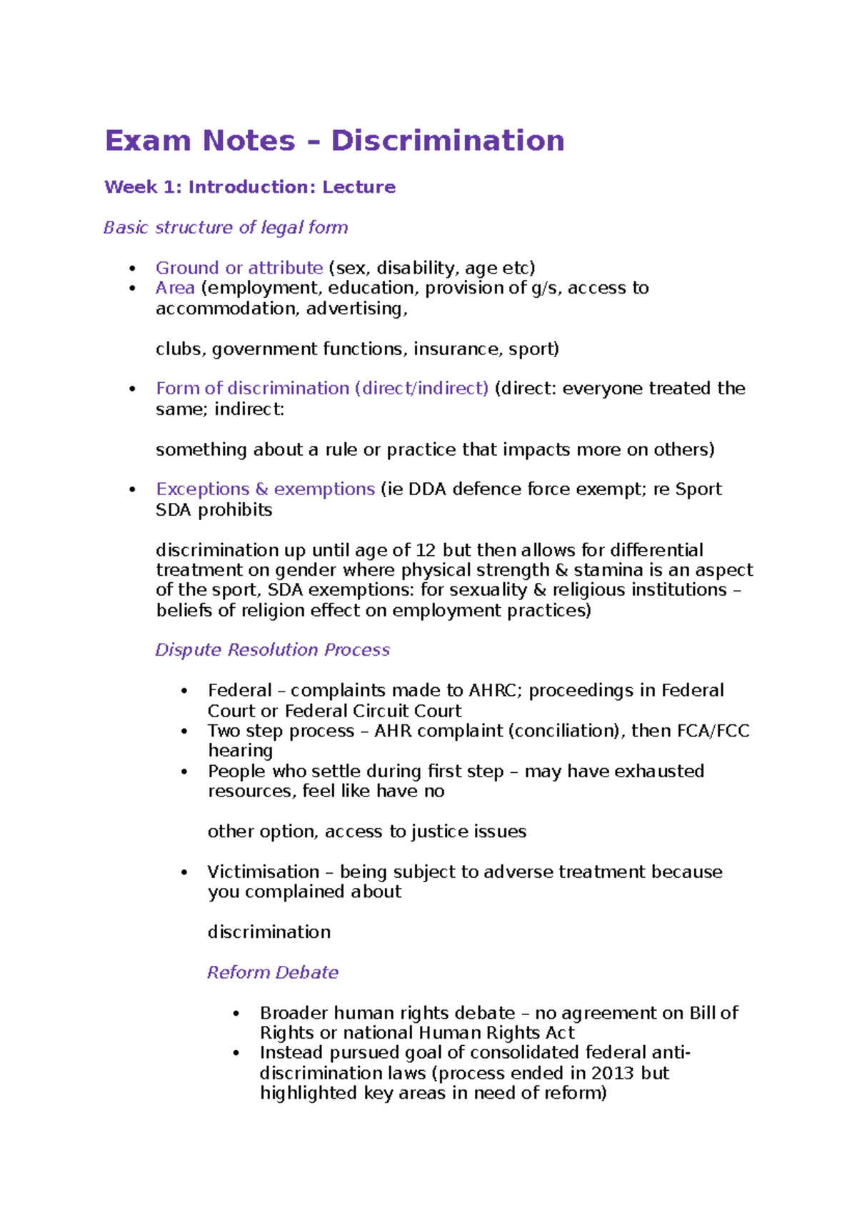 Sample stu doc - discrimination - Exam Notes – Discrimination Week 1 ...