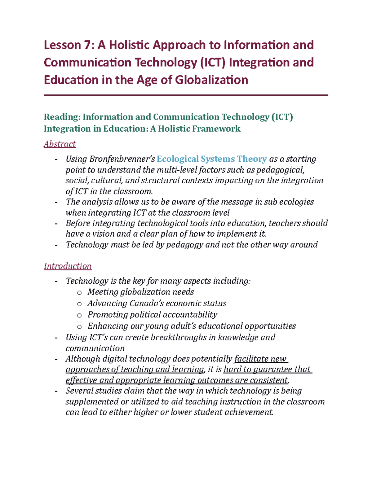 Lesson-7 - Lecture notes 7 - Lesson 7: A Holistic Approach to ...