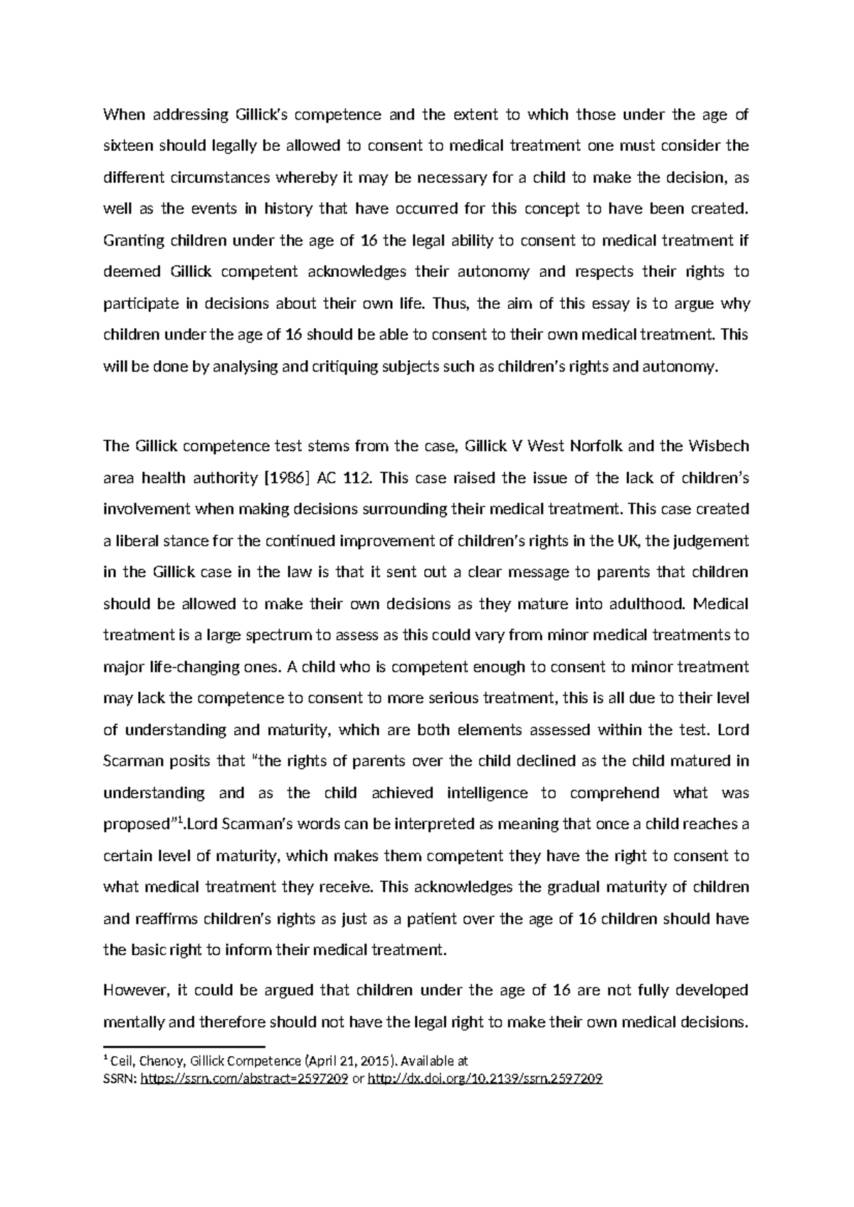 Short Critical Essay - When addressing Gillick's competence and the ...