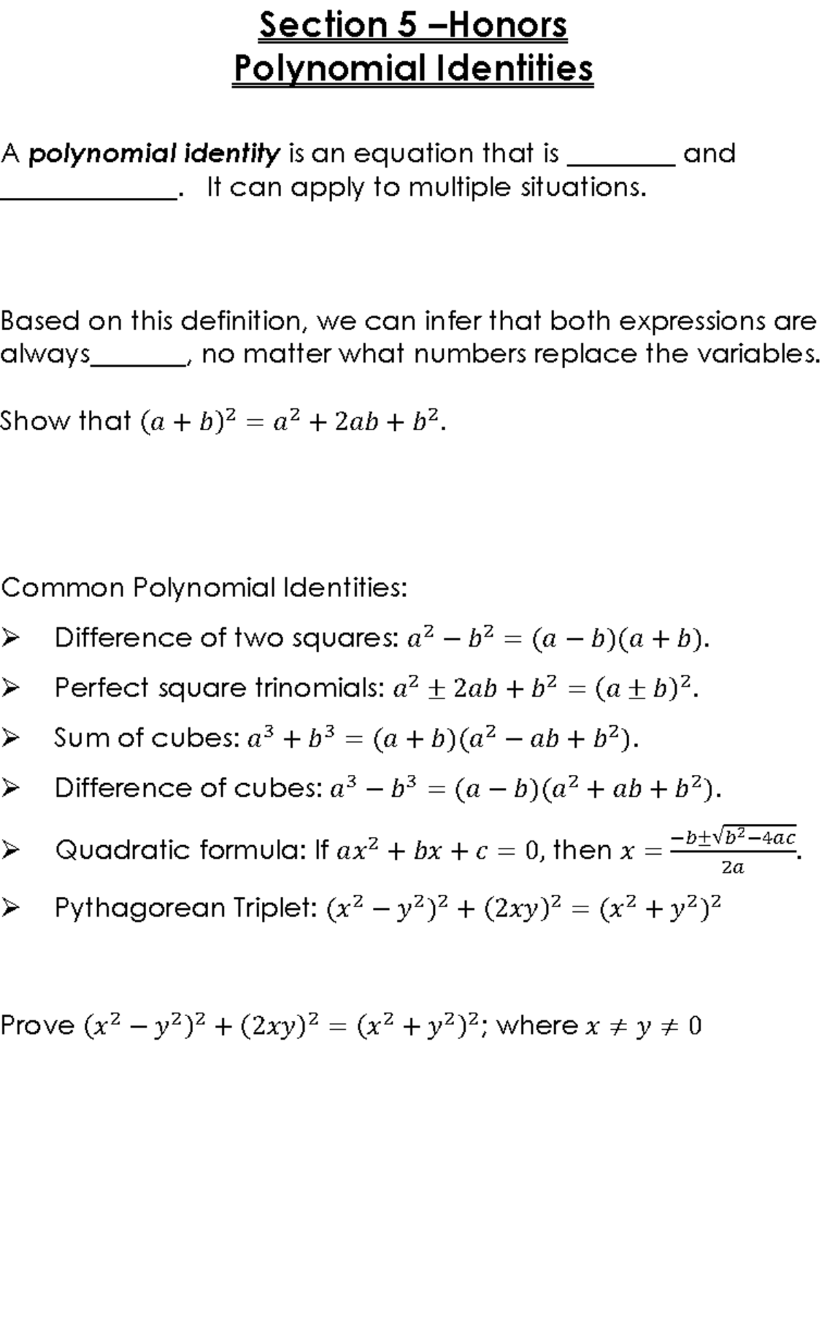Section 5 Honors - Polynomial Identities Study Guide - Section 5 ...