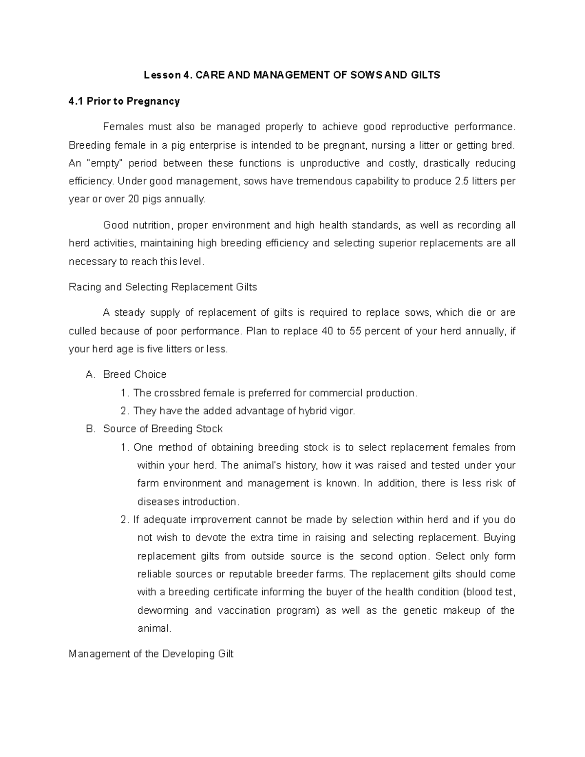 Lesson 4. CARE AND Management OF SOWS AND Gilts - Lesson 4. CARE AND ...