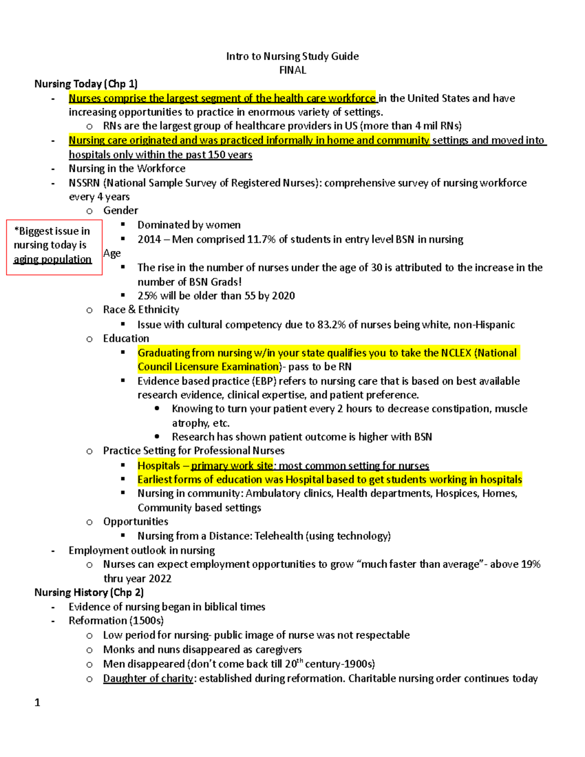 Intro Final Study Guide - Intro to Nursing Study Guide FINAL Nursing ...