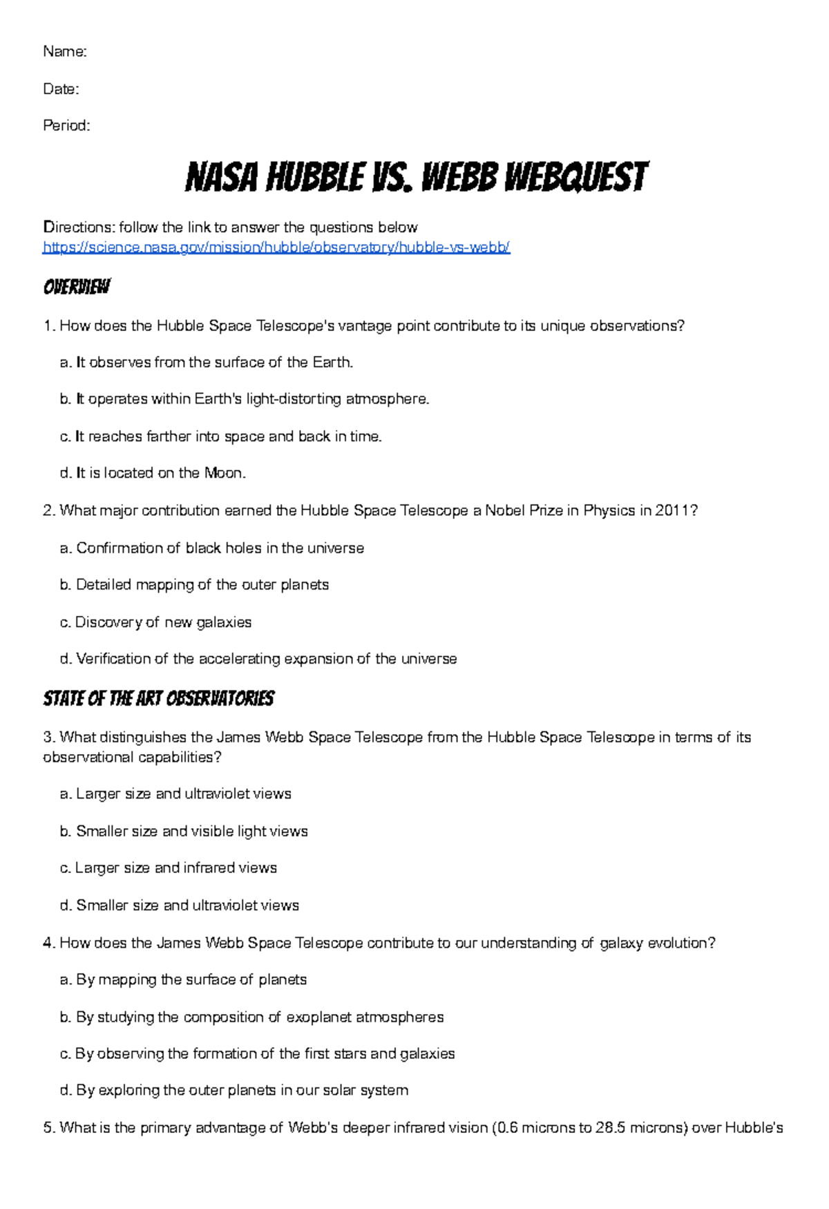 NASA Hubble vs. Webb Webquest - Name: Date: Period: nasa Hubble vs ...