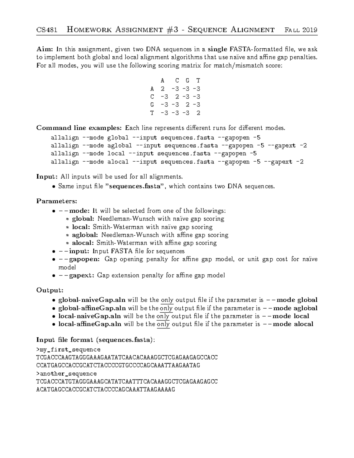 Bioinformatics Algorithms I Homework 3 Cs481 Homework Assignment 3 Sequence Alignment Fall