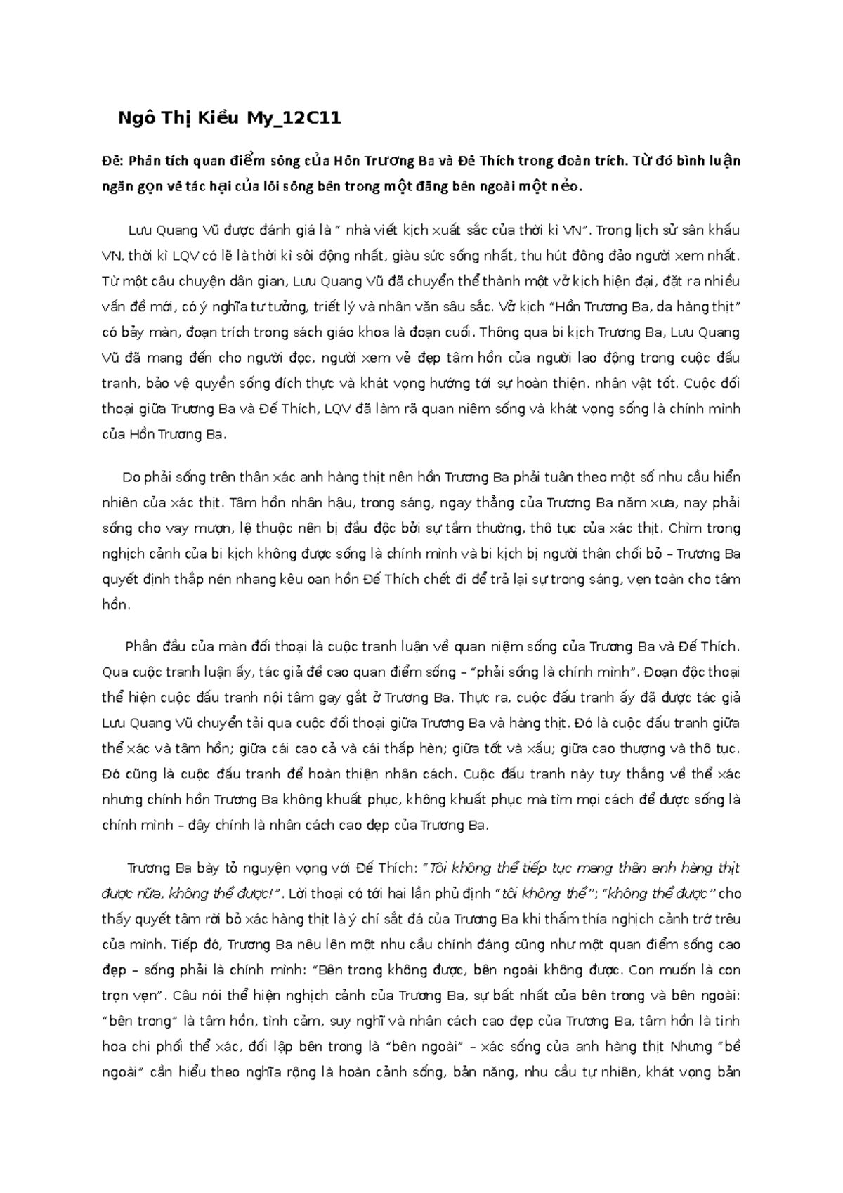 Htbdht-LQV - tài liệu - Ngô Thị Kiều My_12C Đềề: Phân tích quan đi ểm sốống c ủa Hốền Tr ương Ba ...