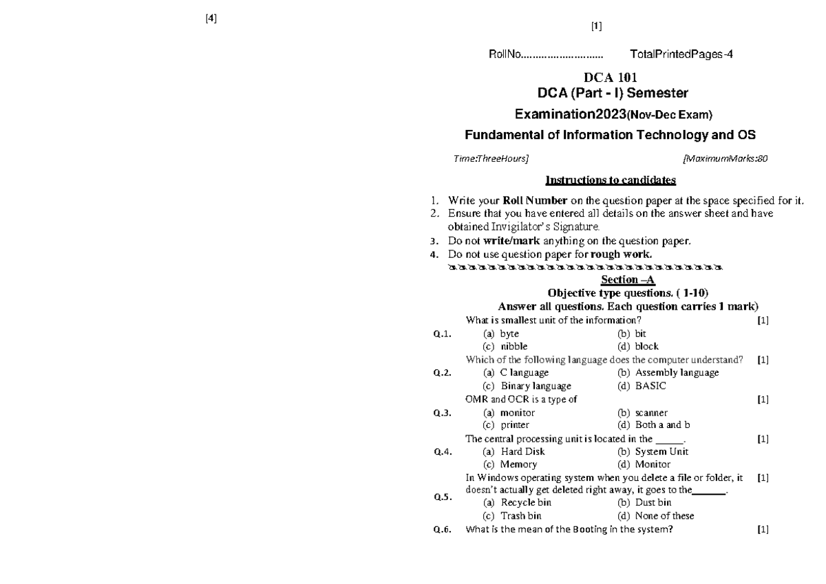 DCA fundamental Question paper 1 - [4] [1] Section - C Answer in 600 ...