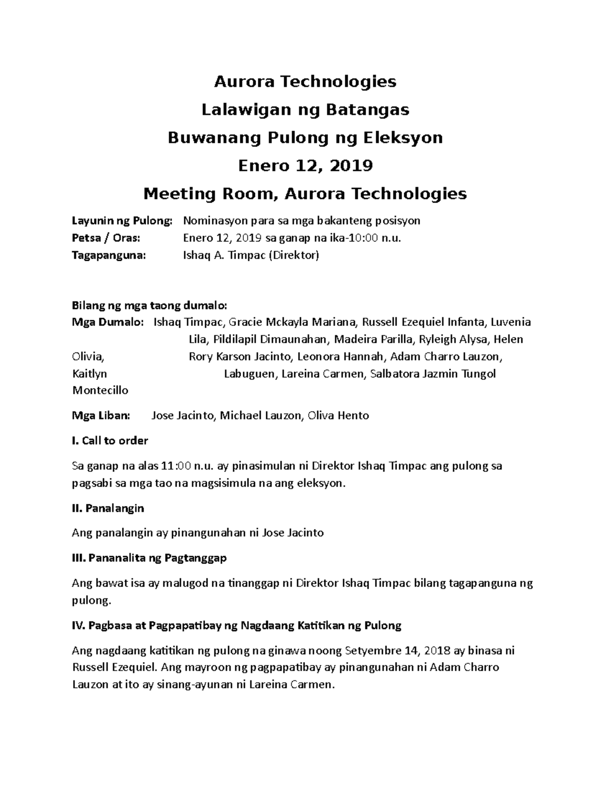 Katitikan Ng Pulong Aurora Technologies Lalawigan Ng Batangas Buwanang Pulong Ng Eleksyon